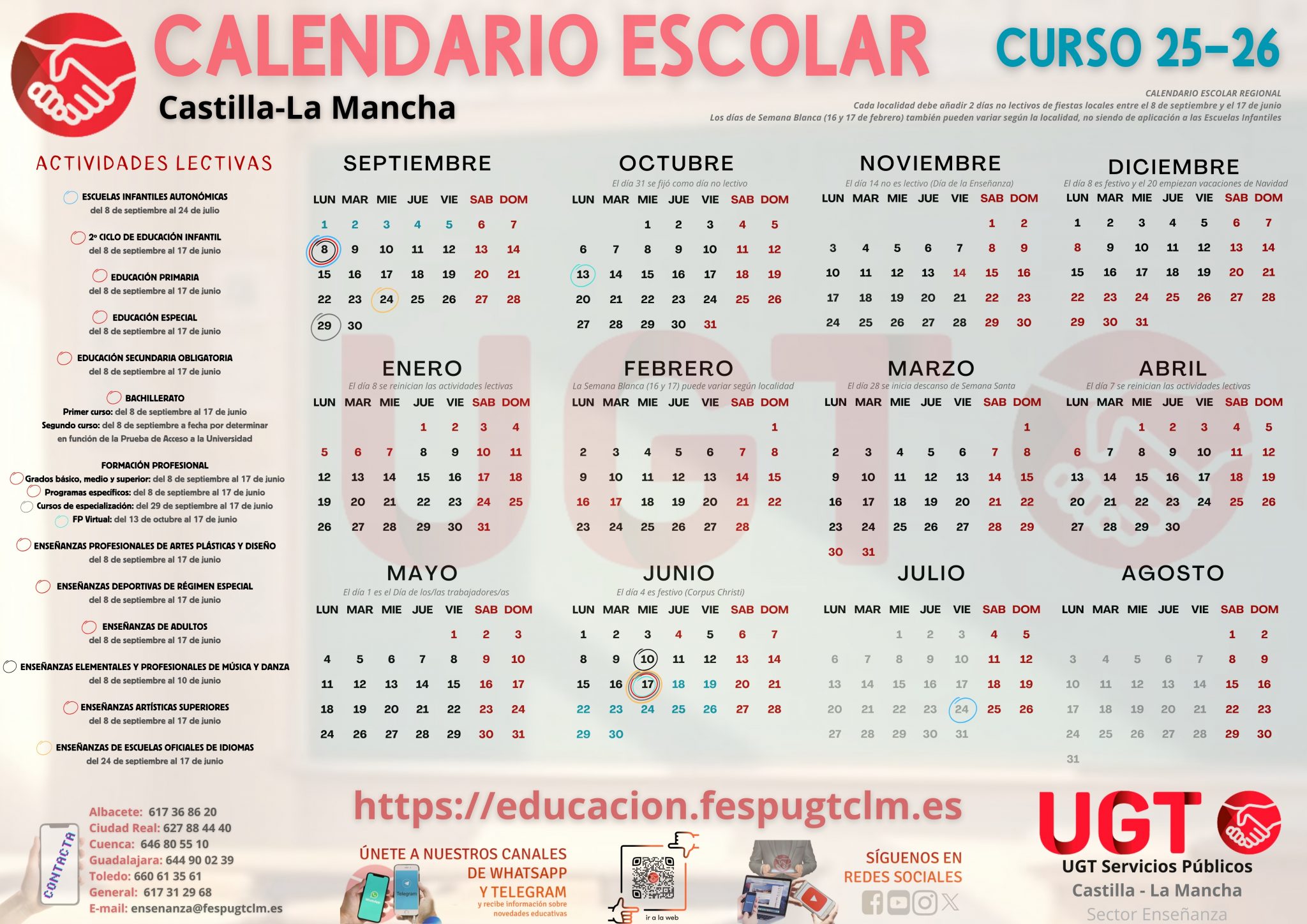 Calendario escolar 2025/2026 – Enseñanza UGT Servicios Públicos CLM