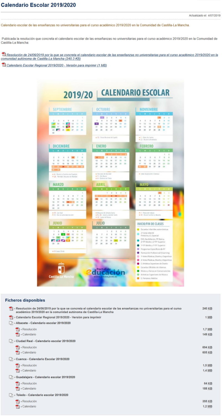 Calendario escolar 2019/2020 – Enseñanza UGT Servicios Públicos CLM