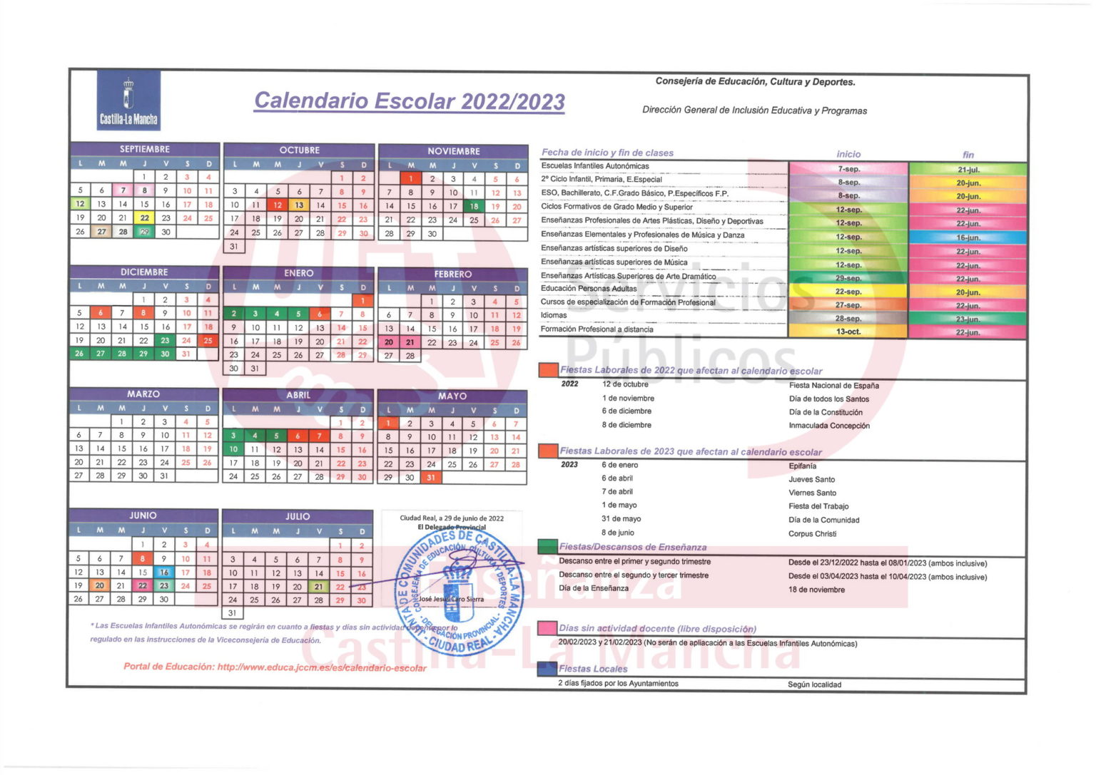 Calendario escolar 2022/2023 – Enseñanza UGT Servicios Públicos CLM